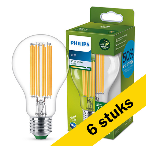 Aanbieding: 6x Philips LED lamp E27 | Peer A67 | Ultra Efficient | Filament | 4000K | 5.2W (75W ...